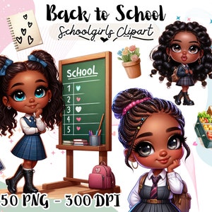 Black Chibi Schoolgirl Clipart Set, Back to School Watercolor PNG ...