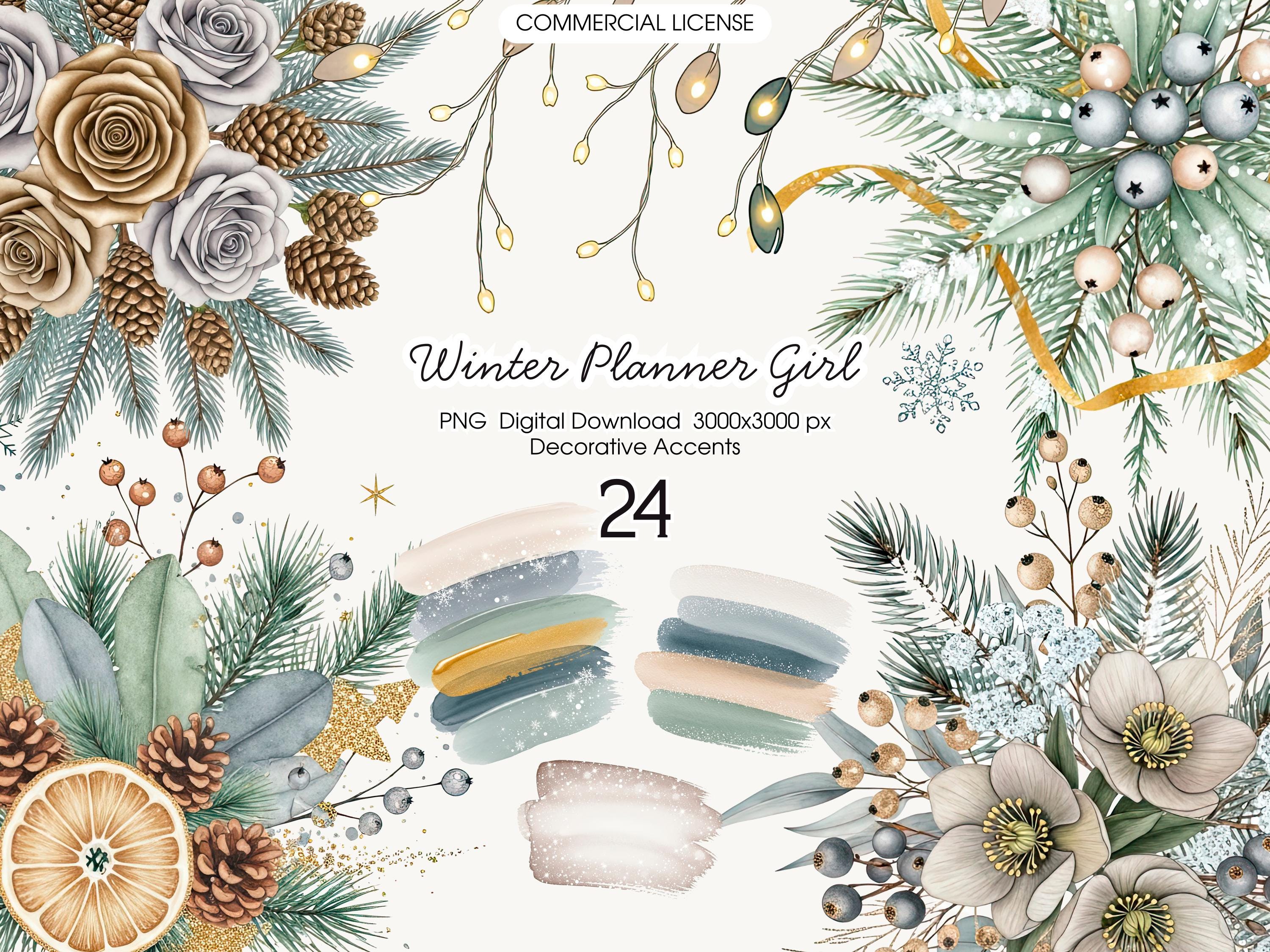 Watercolor Winter Planner Girl Clipart Bundle, Snowflakes, Pine ...