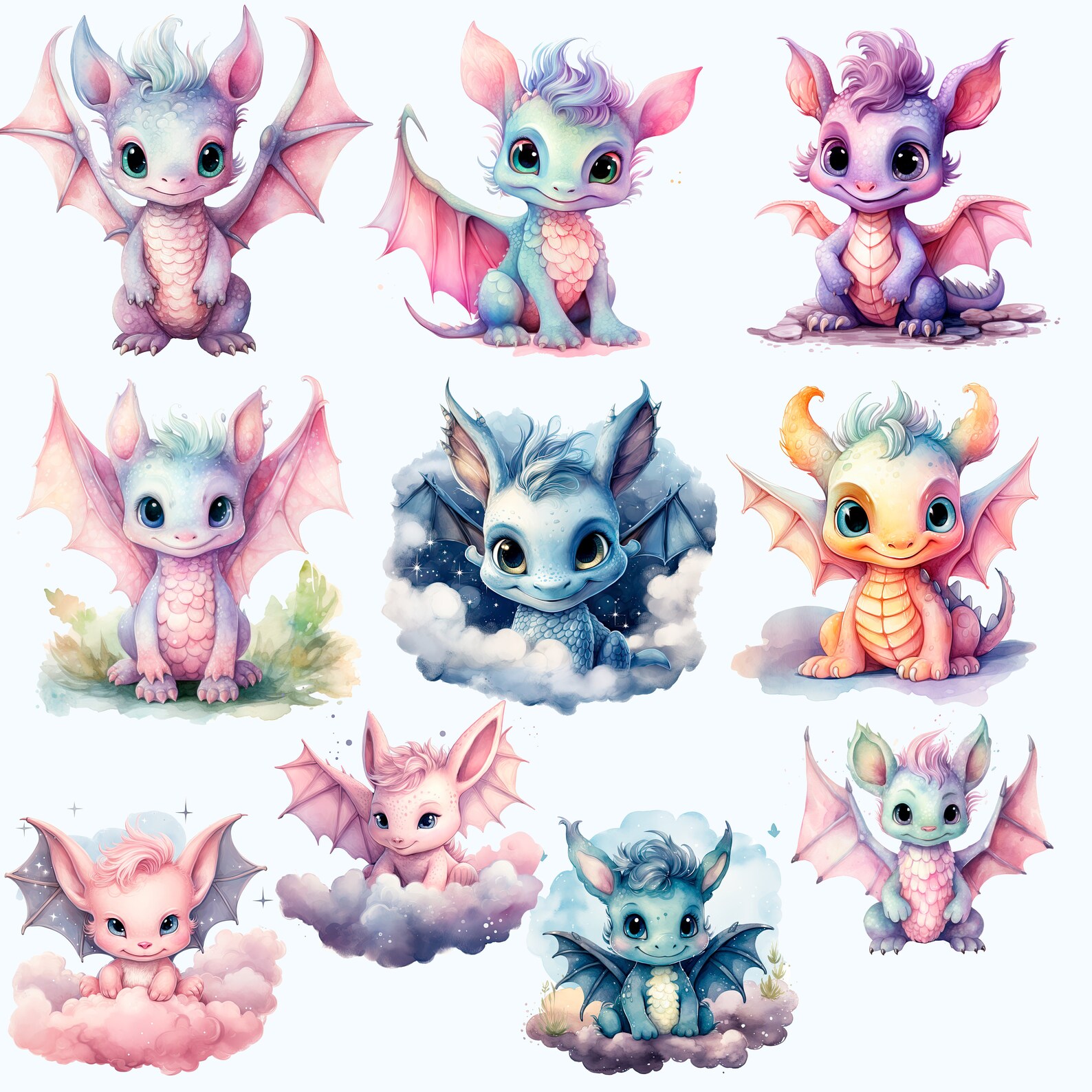 Charming Watercolor Baby Dragon Clipart, Cute Fantasy Dragon Graphics ...