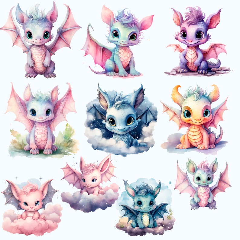 Charming Watercolor Baby Dragon Clipart, Cute Fantasy Dragon Graphics ...