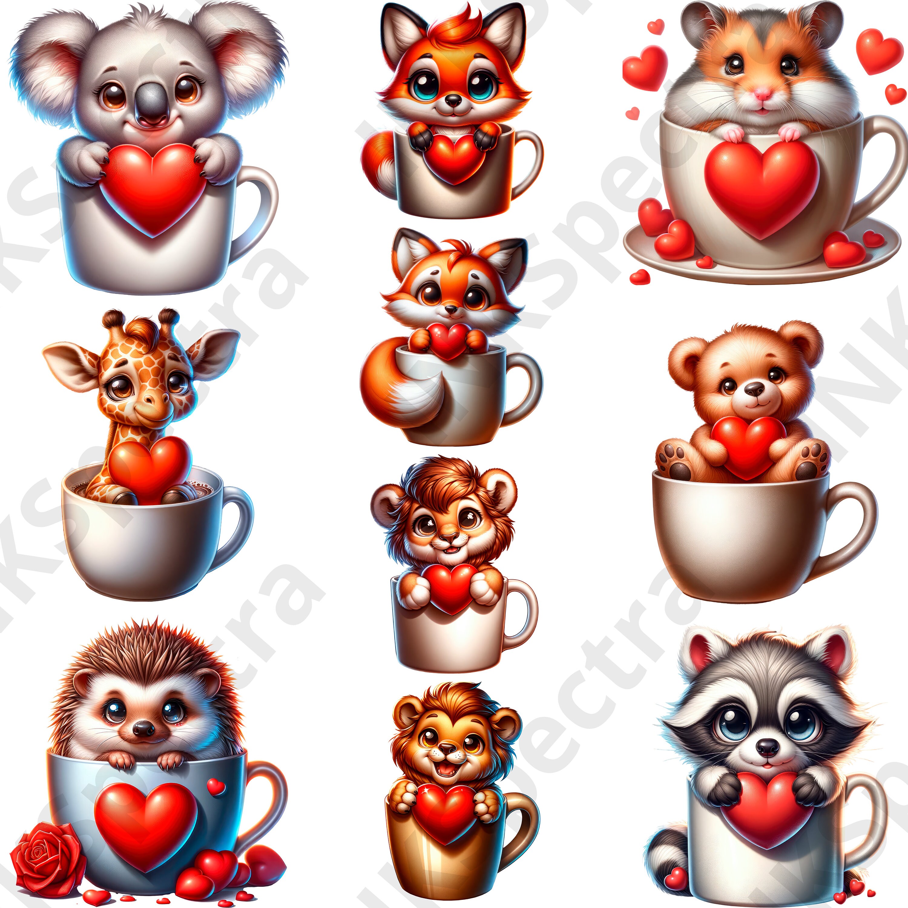 Valentines Animals in a Cup Collection Clipart, 20 PNG Valentines Day ...