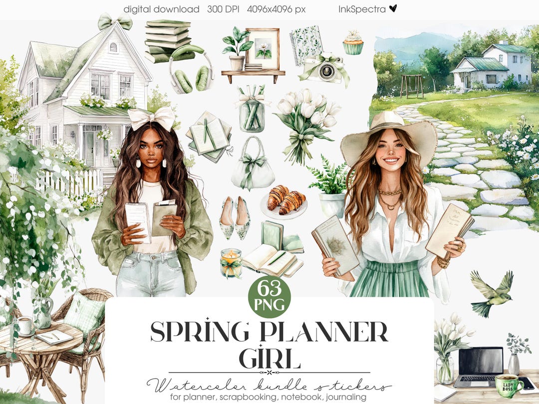 Spring Planner Girl Clipart, Watercolor Stickers (digital Download) - Etsy