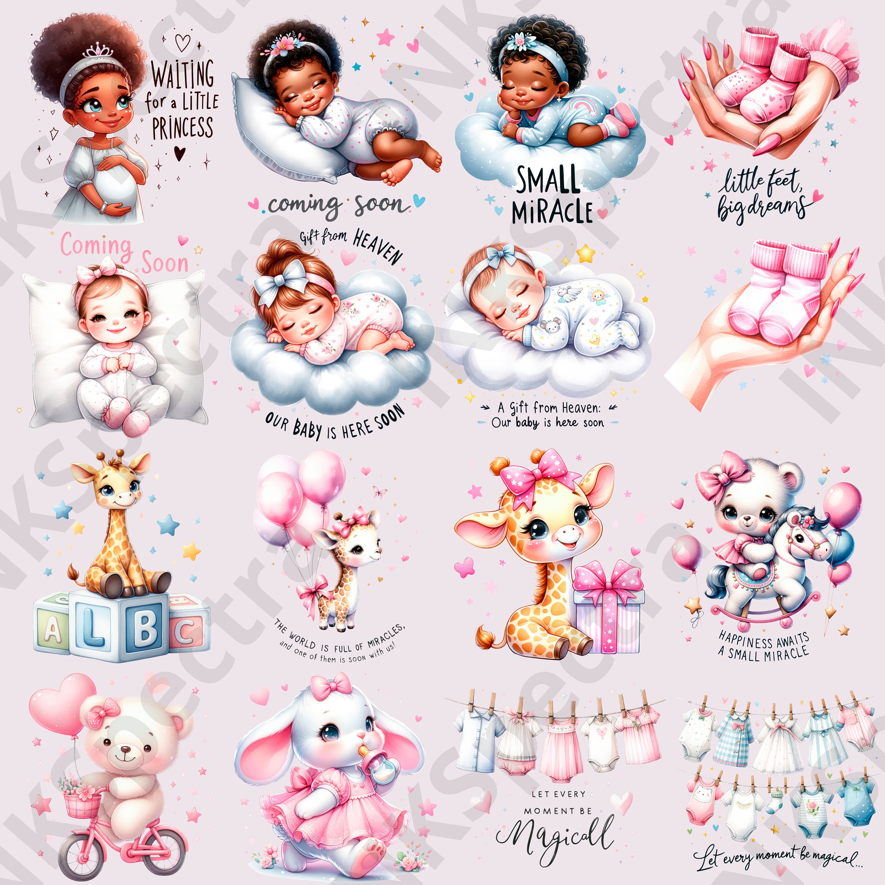 Girl's Baby Shower Watercolor Clipart 20 PNG Pink Nursery Decor ...