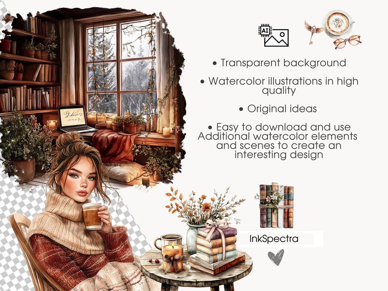 Winter Reading Clipart, Boho Book Lover Stickers (digital Download) - Etsy