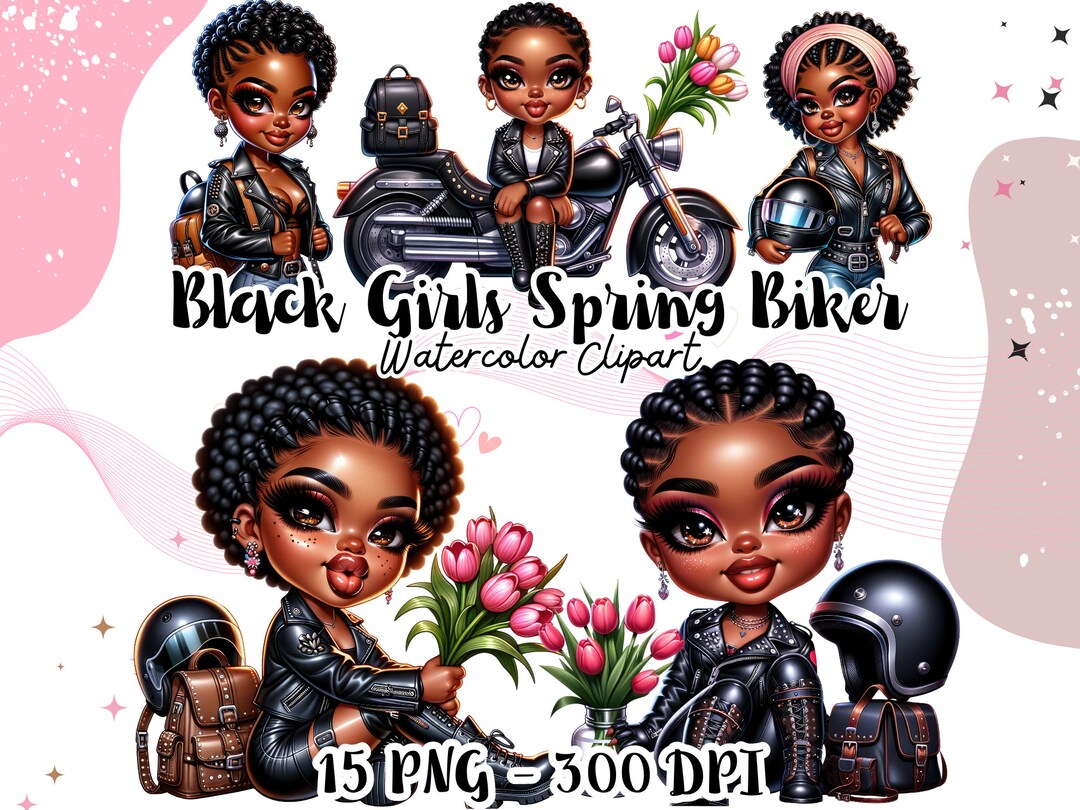 Black Girls Spring Biker, Digital Spring Biker Clipart, Stylish Afro ...