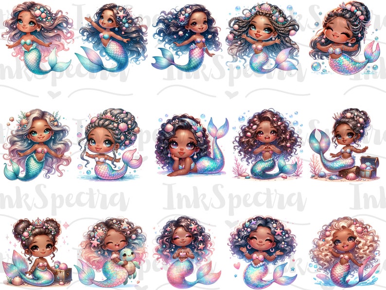 Pastel Mermaid Clipart Bundle, Mermaid Clipart, Watercolor Mermaid PNG, Sea Animals Mermaids PNG ...
