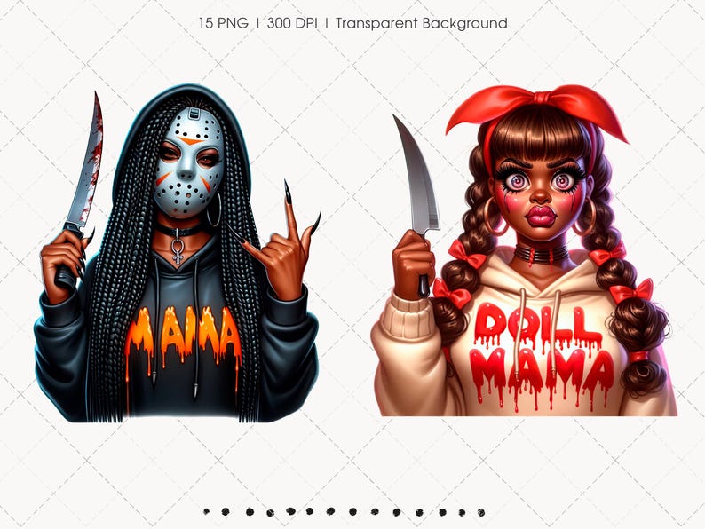 Mama Spooky Clipart Bundle, Black Girl Halloween PNG, Scary Movie ...