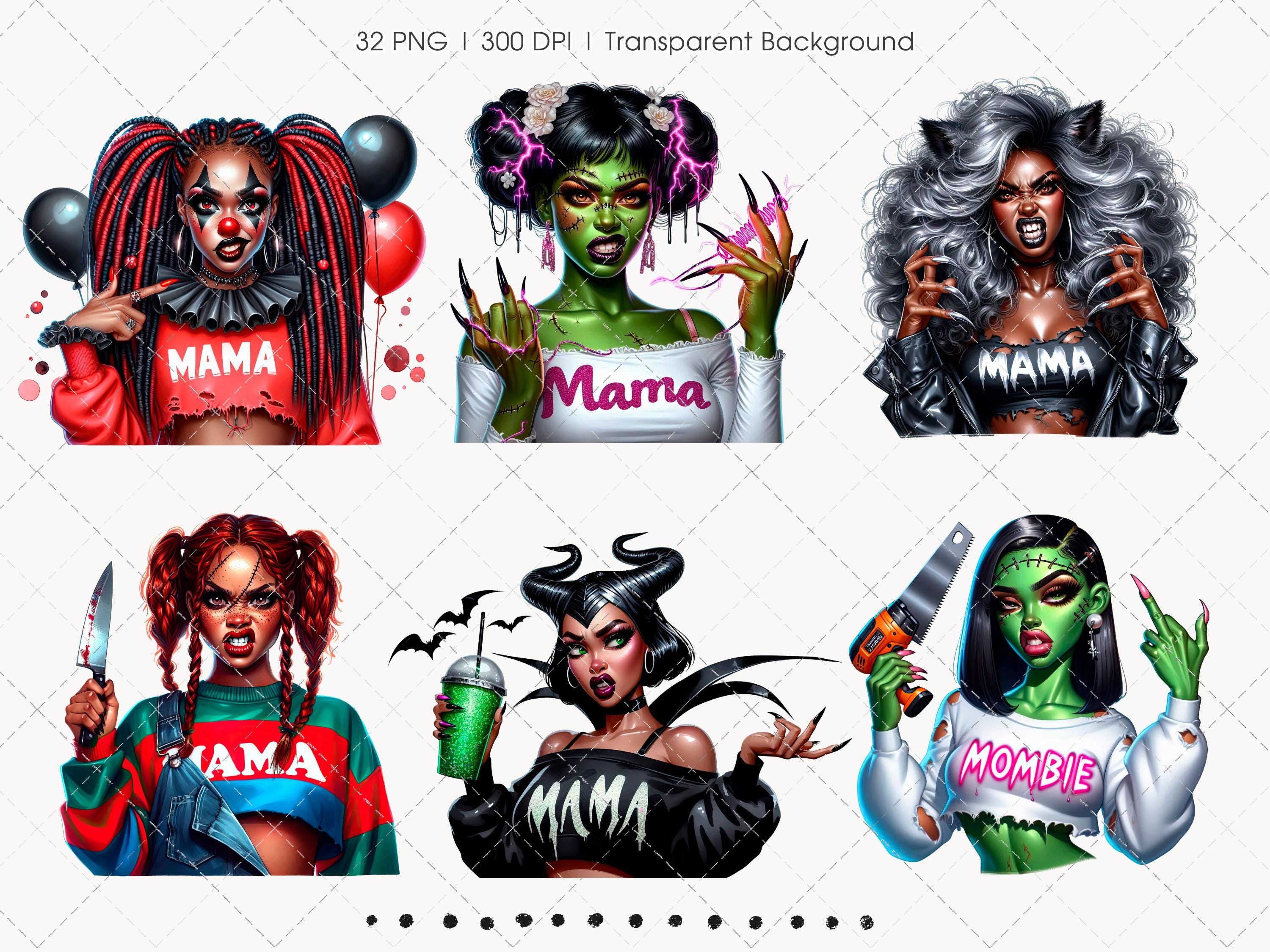 Mama Spooky Clipart Bundle, Black Girl Halloween PNG, Scary Movie ...