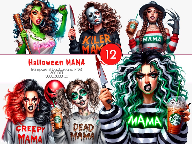 Mama Spooky Clipart Bundle, Sassy Girl Halloween PNG, Scary Movie ...