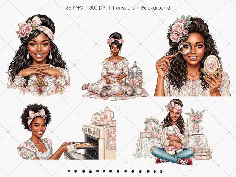 Vintage Grandmillennial Easter Clipart, Black Women, Easter Bunny PNG ...