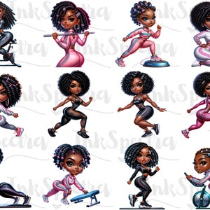 Fitness Chibi Girls Clipart, Gym Girls PNG, Planner Girl Clipart, Black ...
