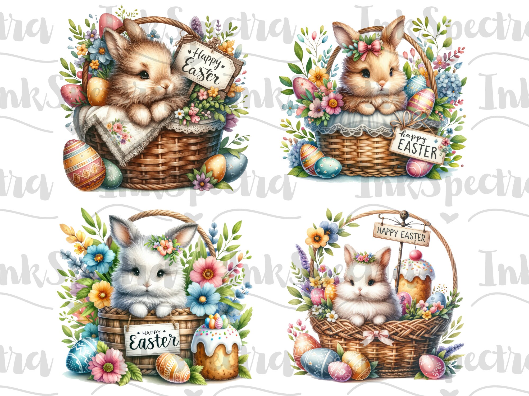 Easter Bunny Basket Clipart, Easter Digital Postcard PNG, Easter Png ...