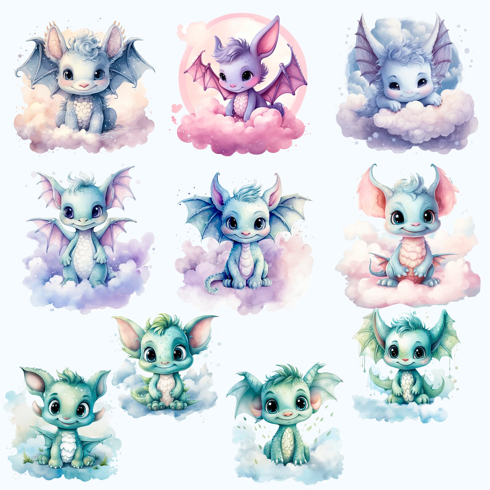Charming Watercolor Baby Dragon Clipart, Cute Fantasy Dragon Graphics ...