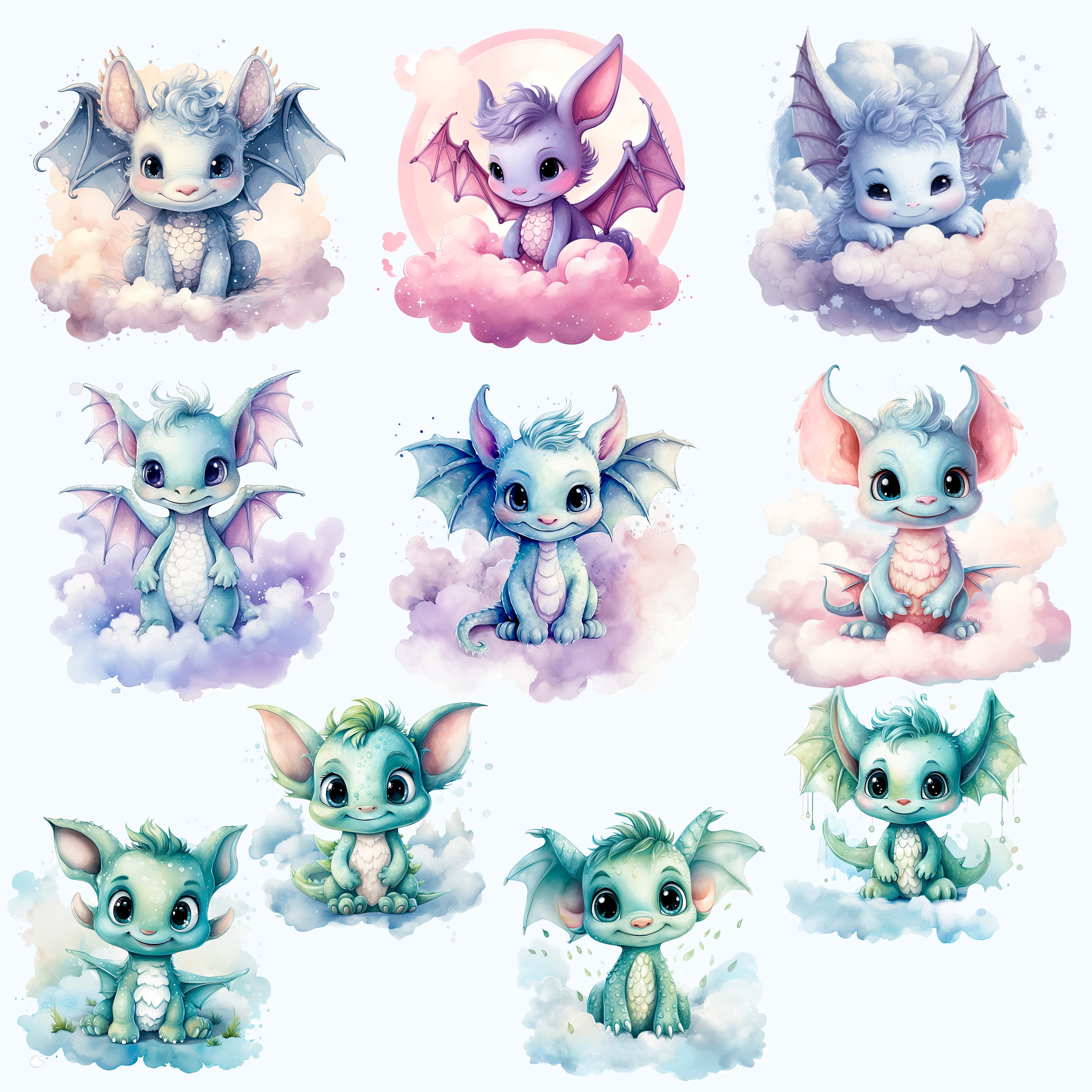 Charming Watercolor Baby Dragon Clipart, Cute Fantasy Dragon Graphics ...