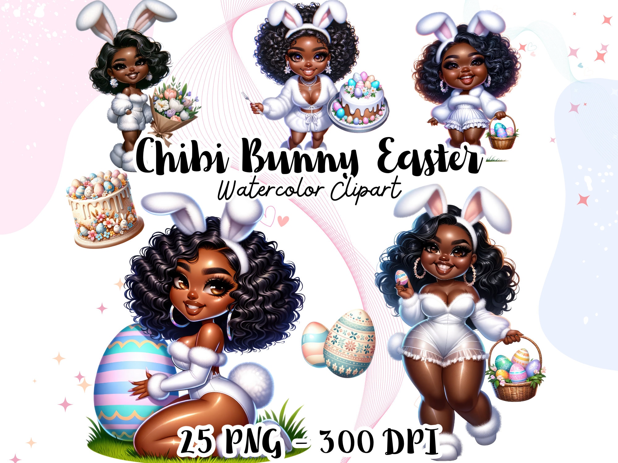 Black Bunny Easter Clipart Bundle, Chibi Bunny Clipart PNG, Whimsical ...