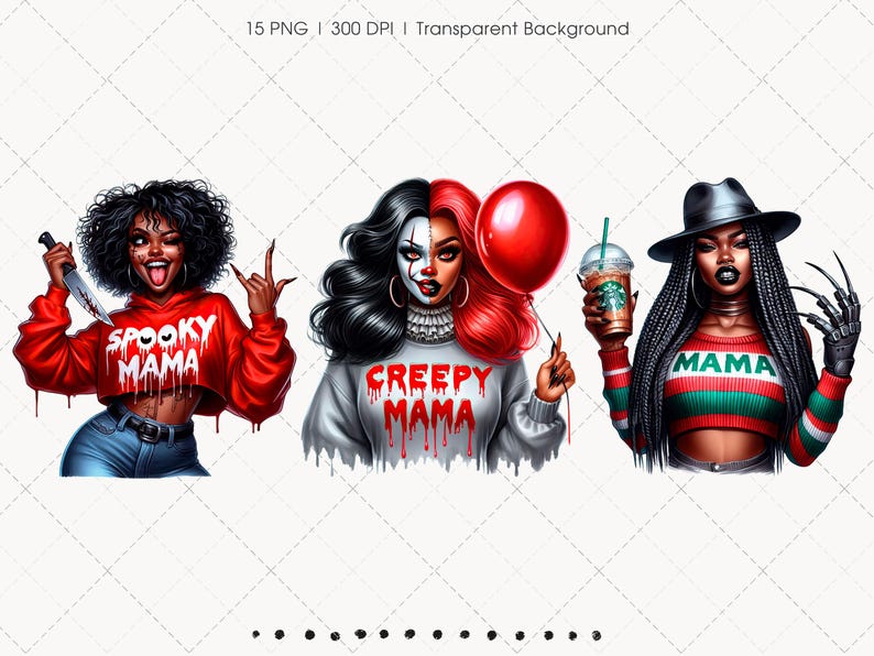 Mama Spooky Clipart Bundle, Black Girl Halloween PNG, Scary Movie ...