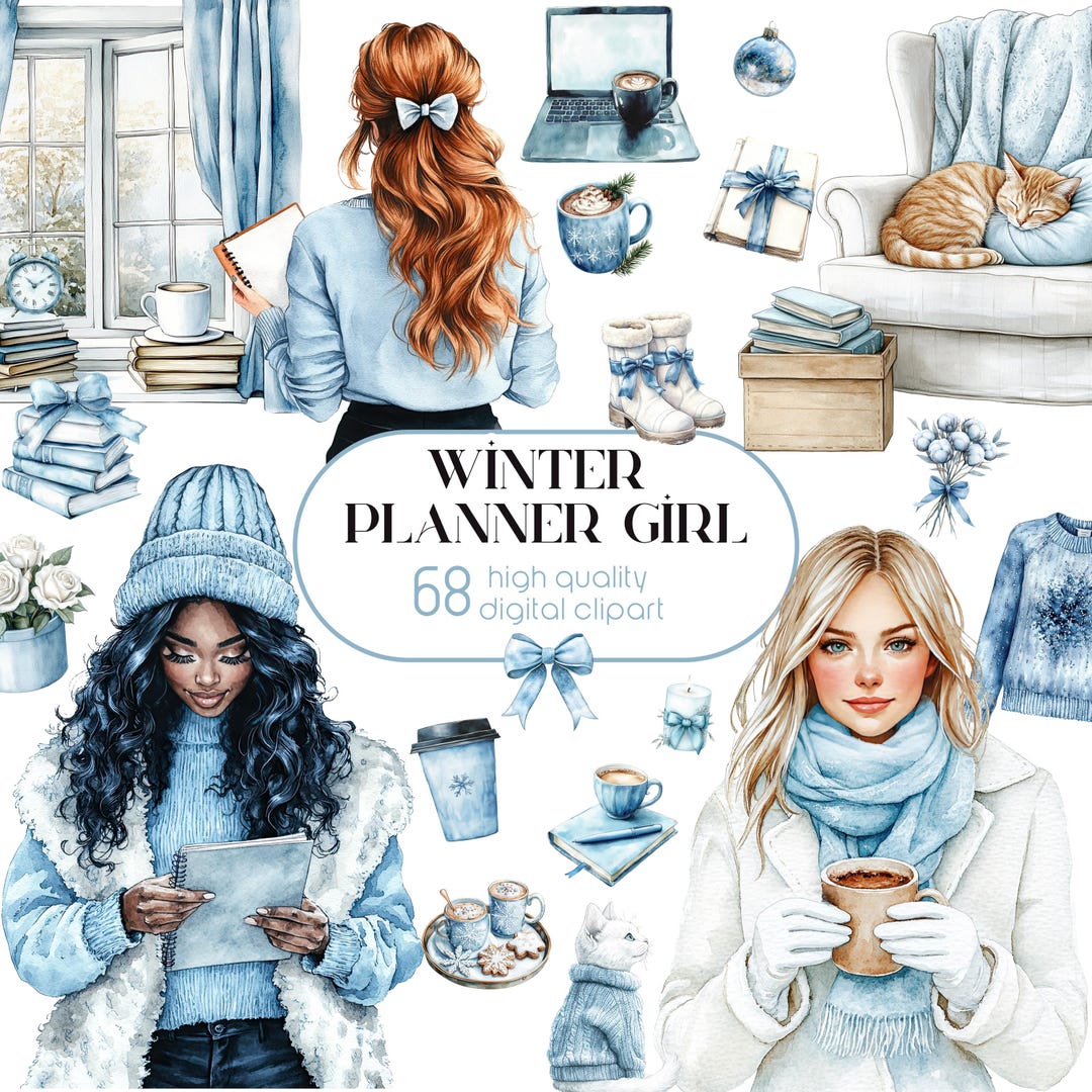 Watercolor Winter Planner, Winter Woman Clipart, Book Lover, Winter ...