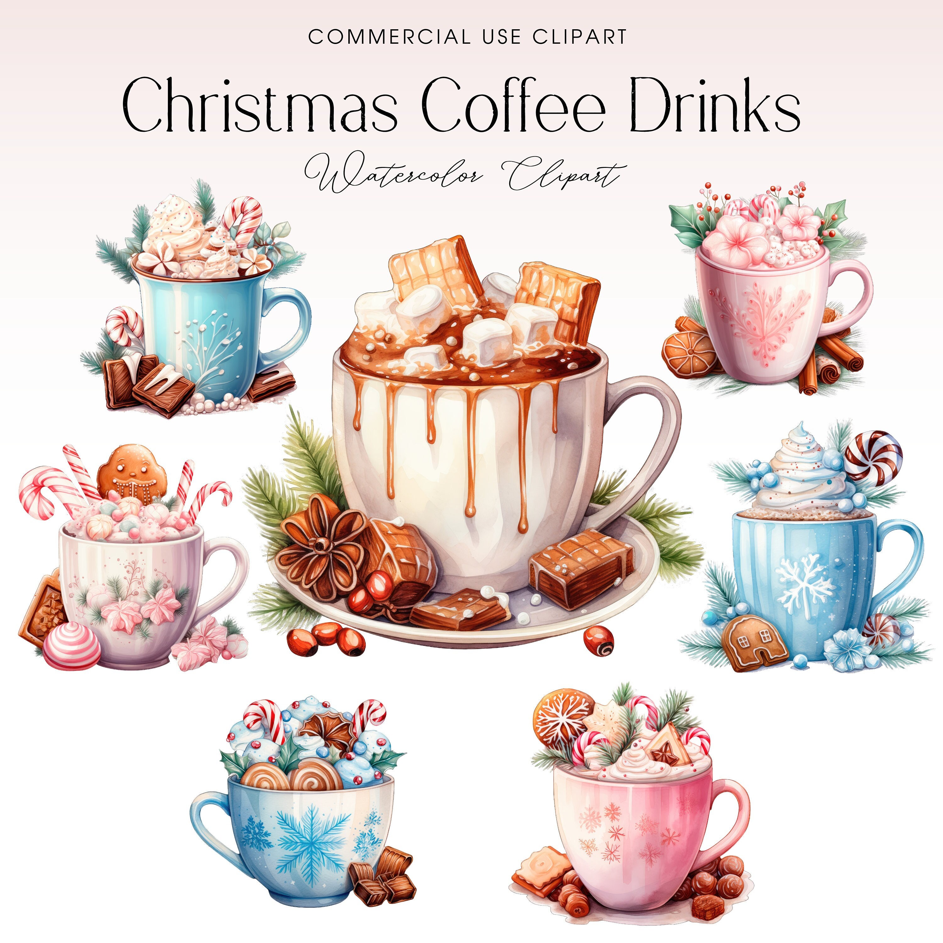 Christmas Coffee Drinks Watercolor Clipart, Pink and Blue Holiday Mugs ...