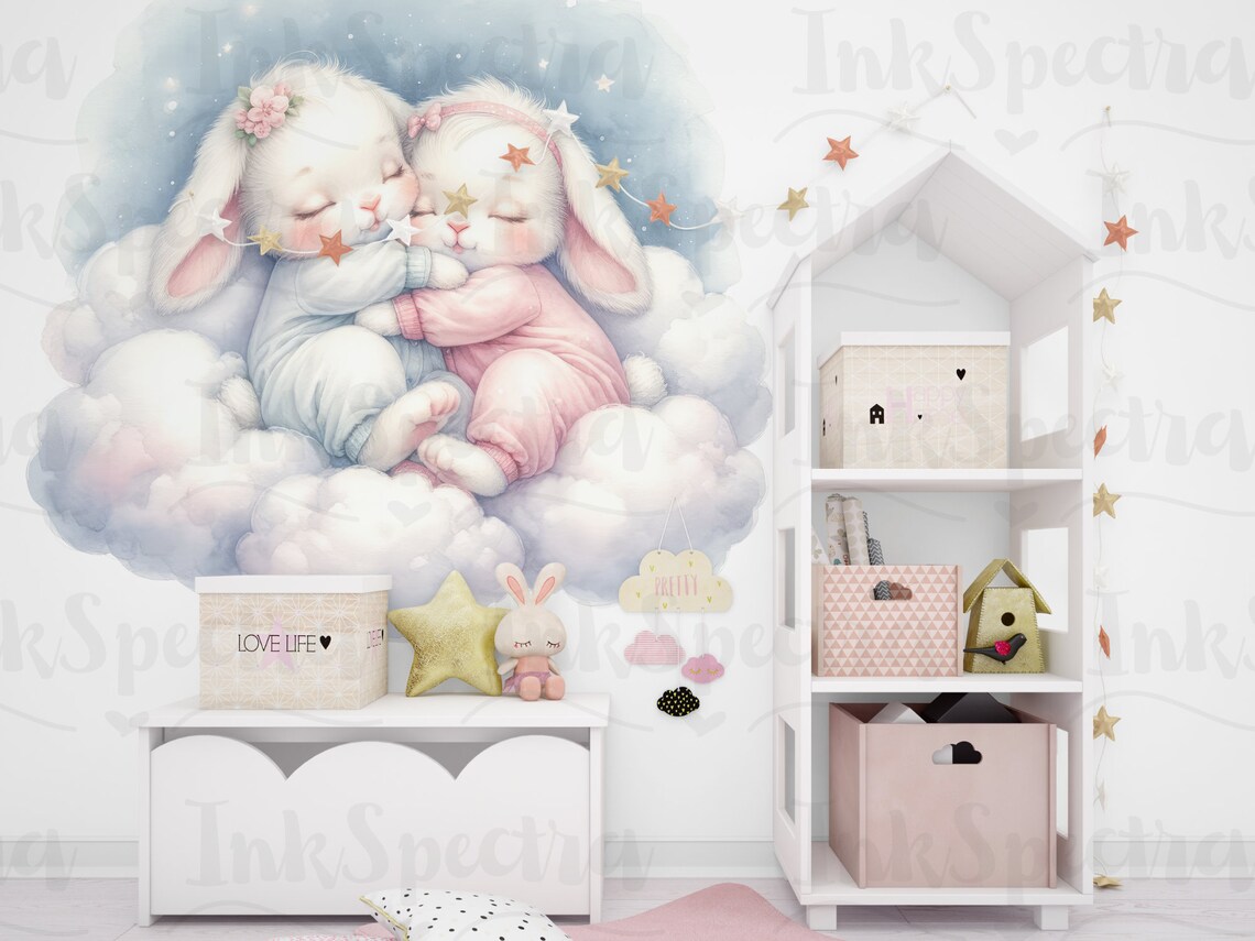 Watercolor Sleepy Baby Bunny Clipart, Baby Shower Bunny Clipart Wall ...