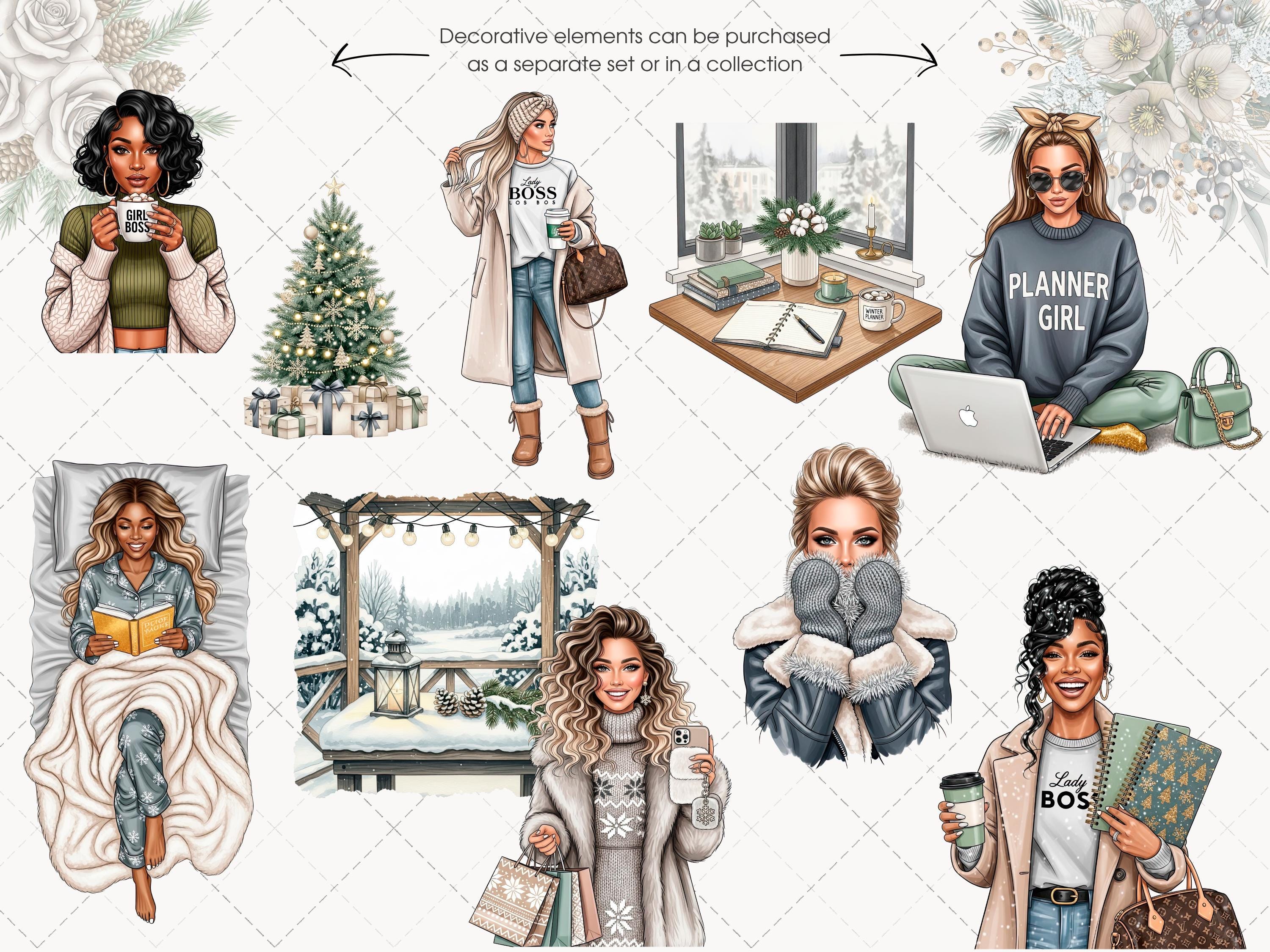 Watercolor Winter Planner Girl Clipart PNG, Black Women Boss Lady, 300 ...