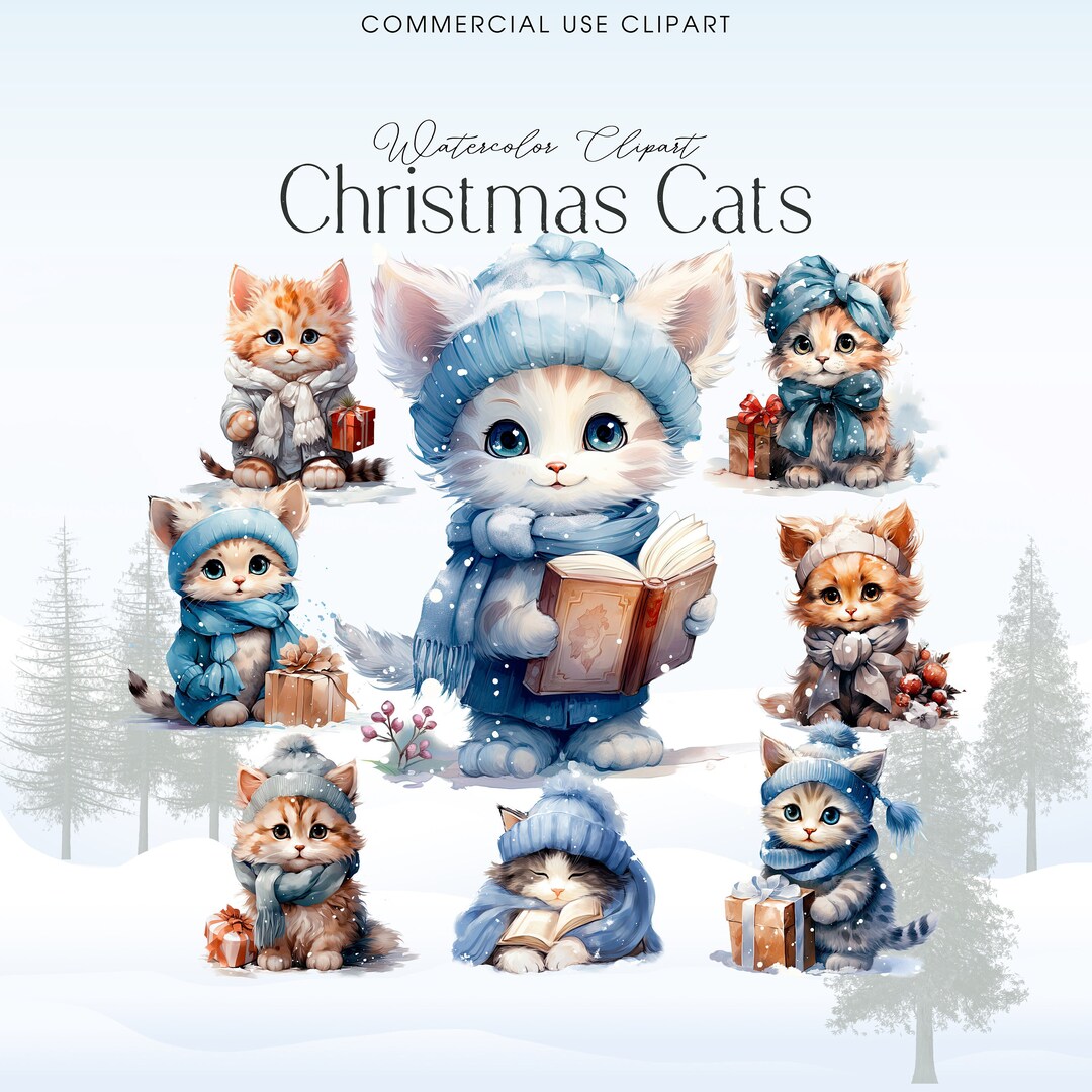 Watercolor Christmas Cats Clipart, Christmas Gifts, Christmas Kitten ...