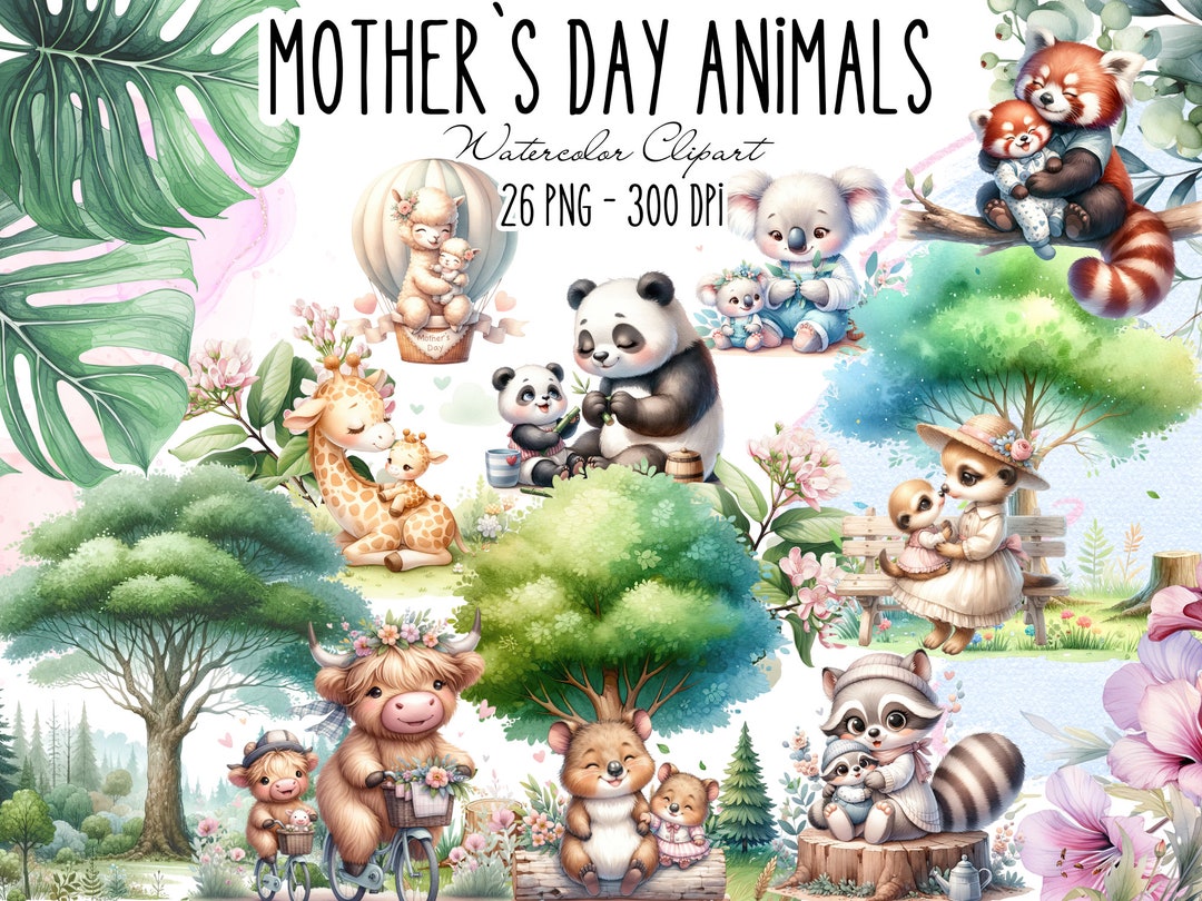 Watercolor Mother's Day Clipart, Mama and Baby Animal Clipart, Baby ...