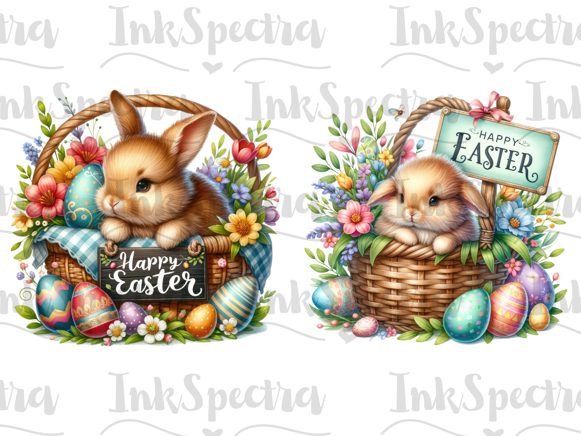 Easter Bunny Basket Clipart, Easter Digital Postcard PNG, Easter Png ...