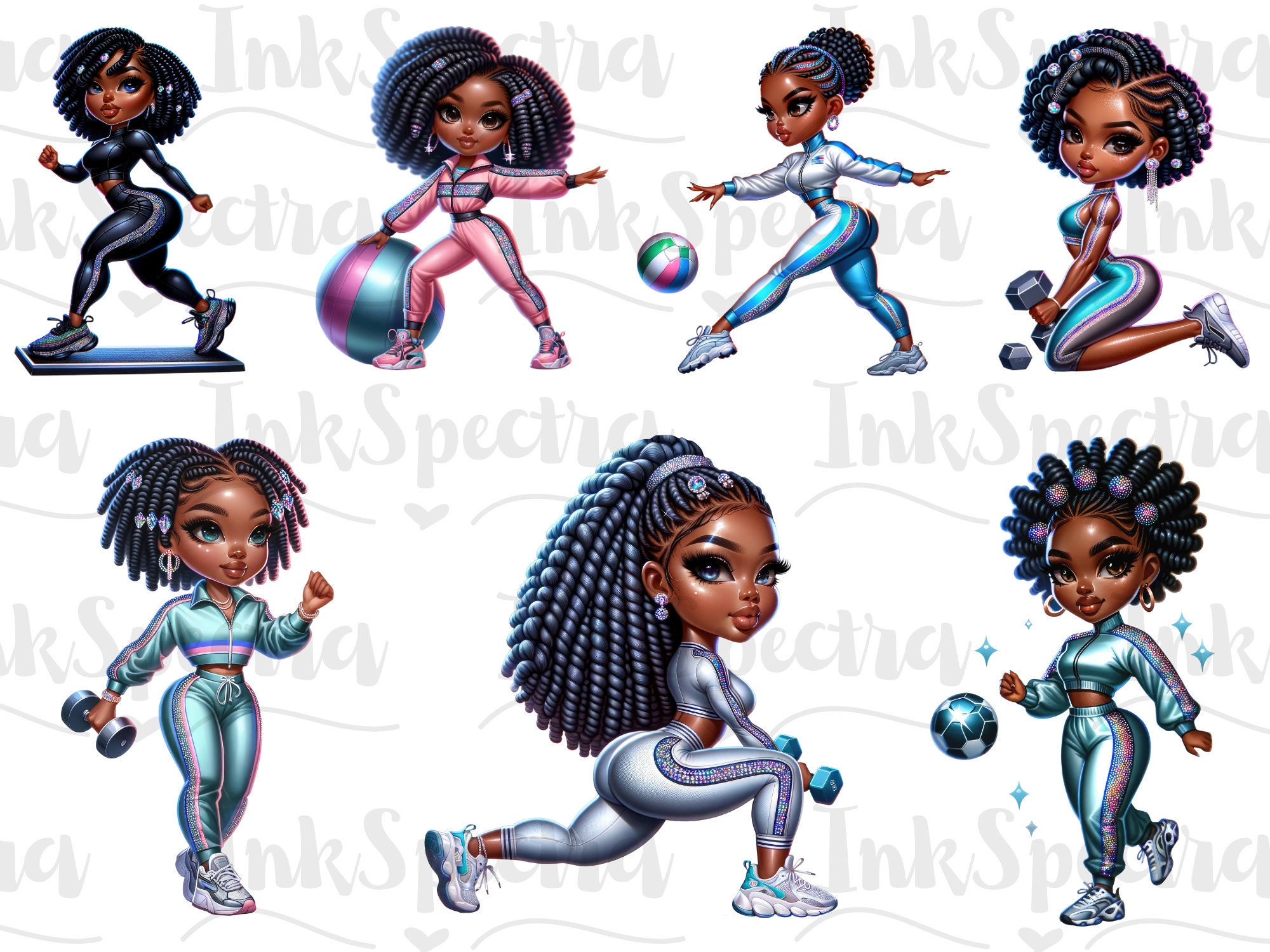 Fitness Chibi Girls Clipart, Gym Girls PNG, Planner Girl Clipart, Black ...
