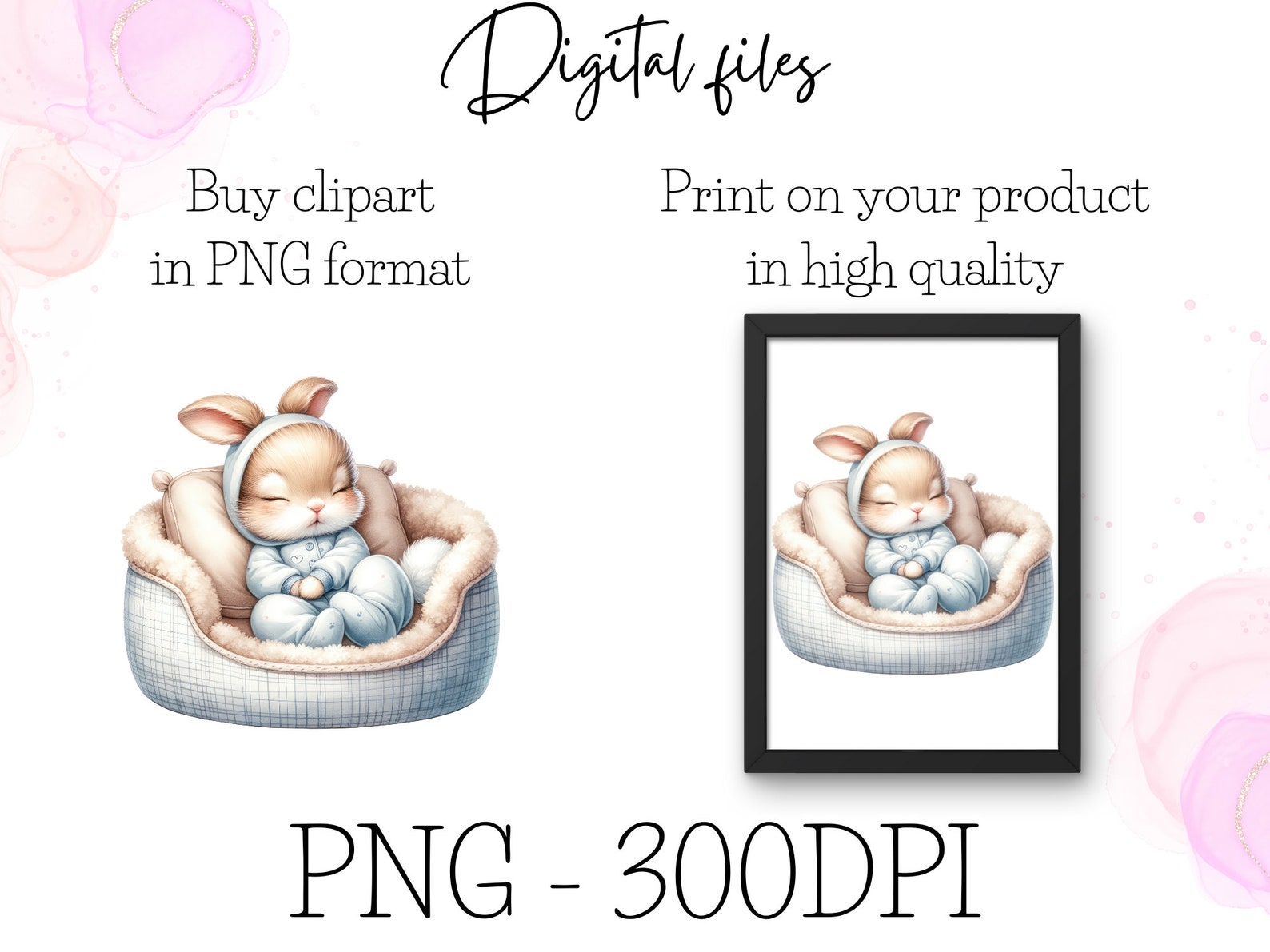 Watercolor Sleepy Baby Bunny Clipart, Baby Shower Bunny Clipart Wall ...