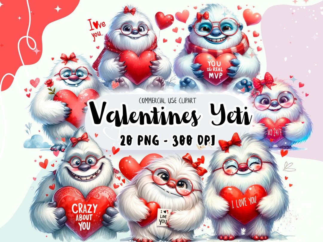 Yeti Valentines Day Clipart, Decor Love Illustrations, Romantic Animals ...