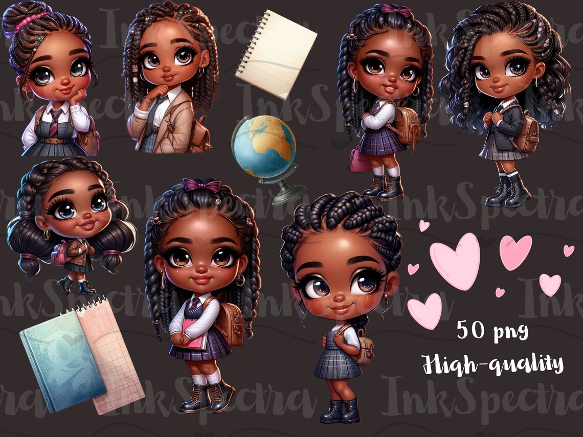 Black Chibi Schoolgirl Clipart Set, Back to School Watercolor PNG ...