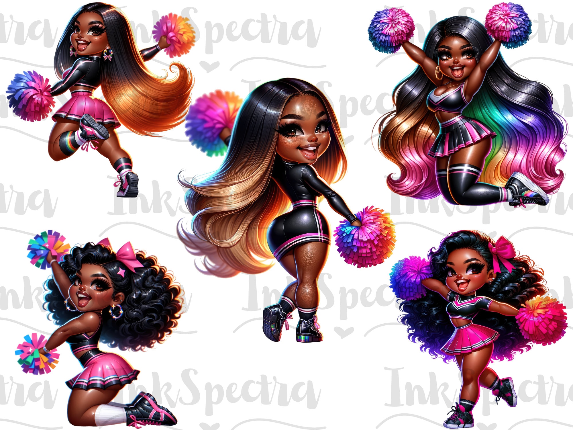 Chic Chibi Black Girls Cheerleaders, Stylish Afro Girls Clipart ...