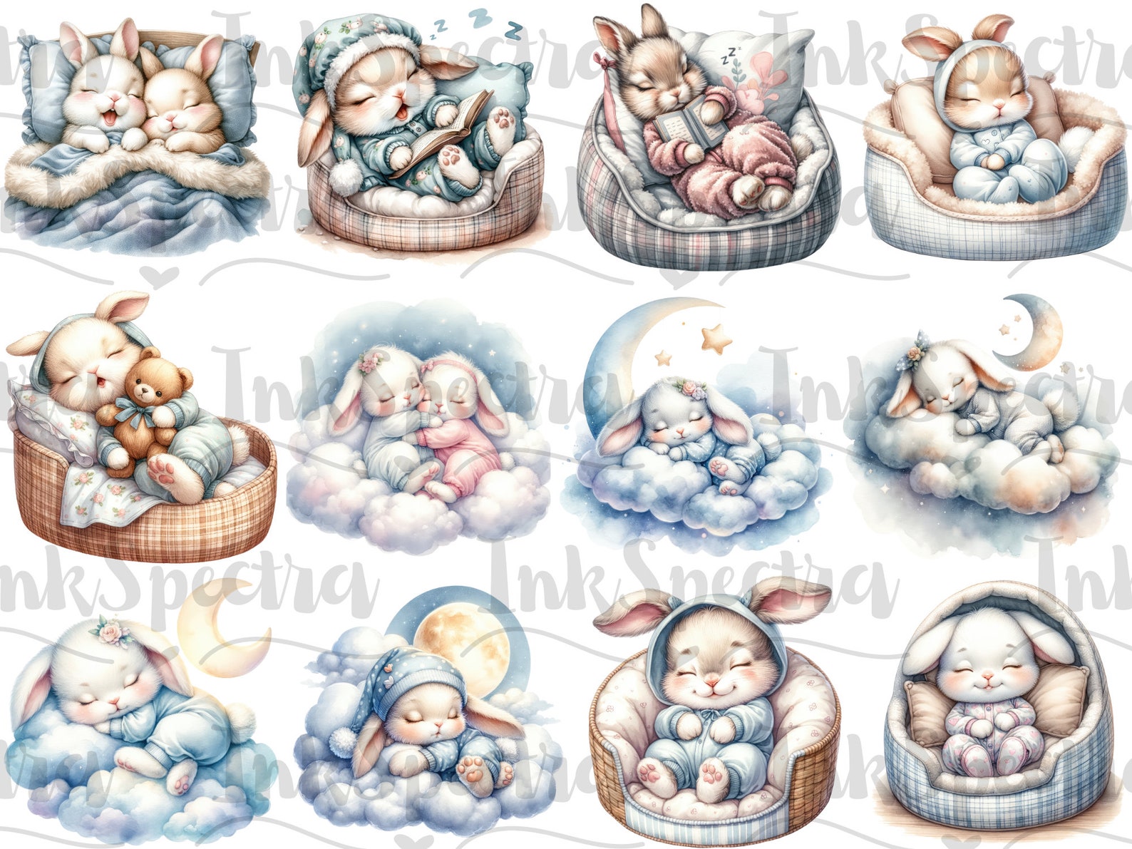 Watercolor Sleepy Baby Bunny Clipart, Baby Shower Bunny Clipart Wall ...