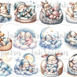 Watercolor Sleepy Baby Bunny Clipart, Baby Shower Bunny Clipart Wall ...