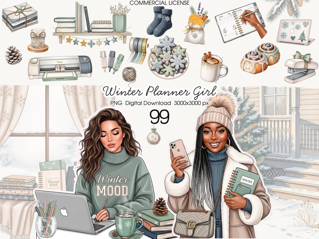 Watercolor Winter Planner Girl Clipart PNG, Black Women Boss Lady, 300 ...