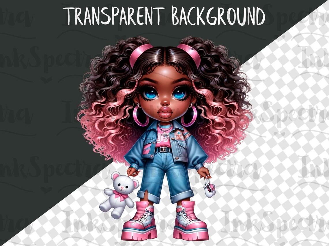 Chibi Art Bundle Clipart Png-black Girl, Fashionista Afro Girl, Cute ...