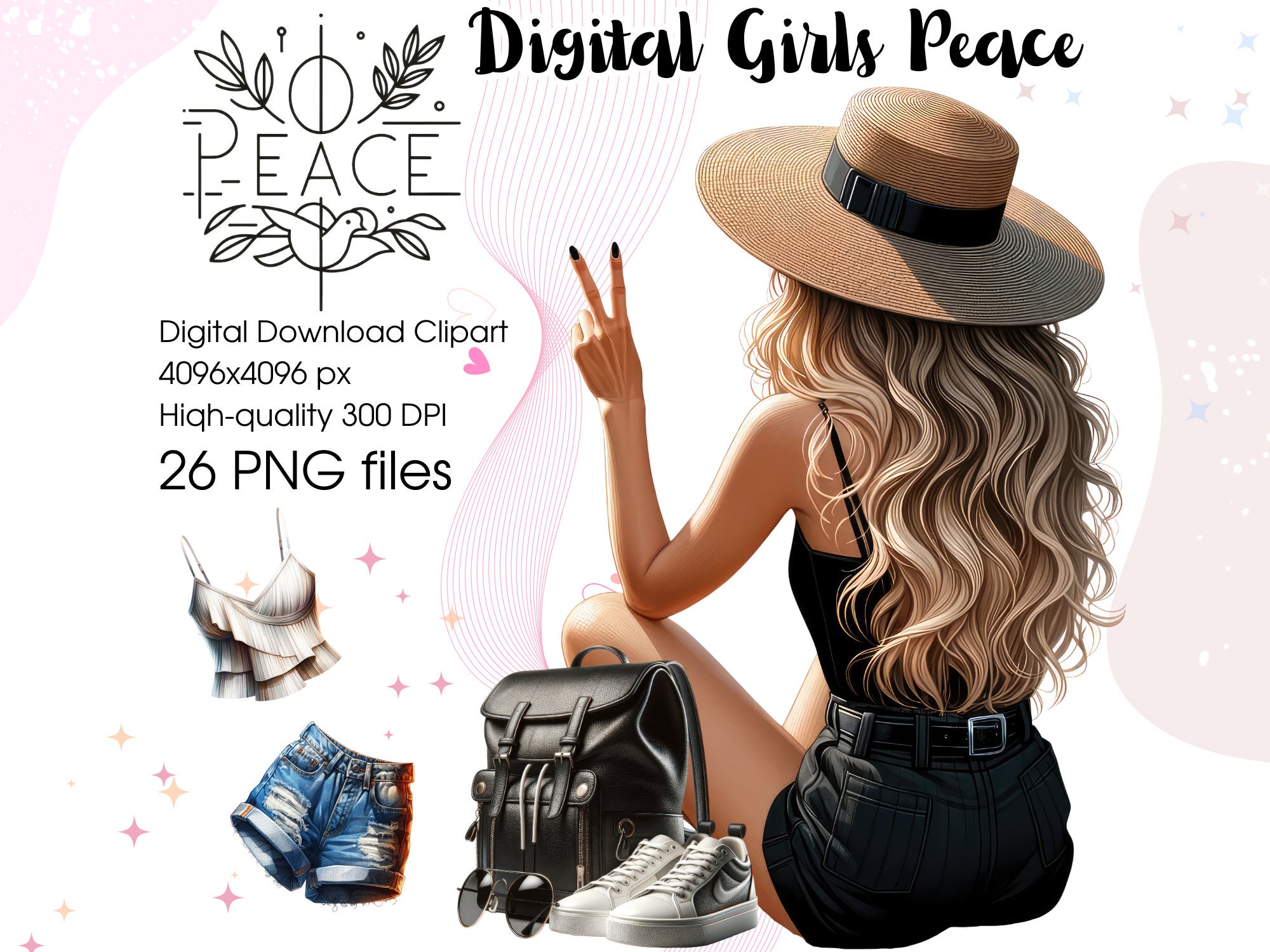 Digital Girls Peace Clipart, Peace Illustration PNG, Girl Planner DIY ...