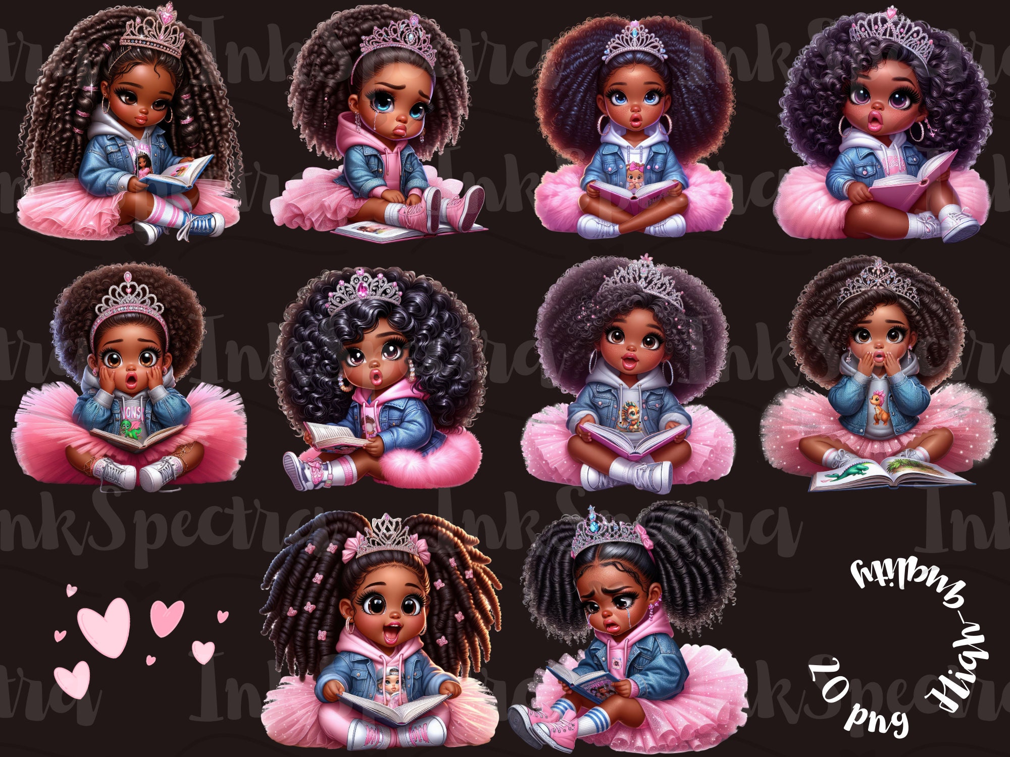 Black Girl Bookworm Clipart, Chibi Princess Reading Art, Watercolor ...