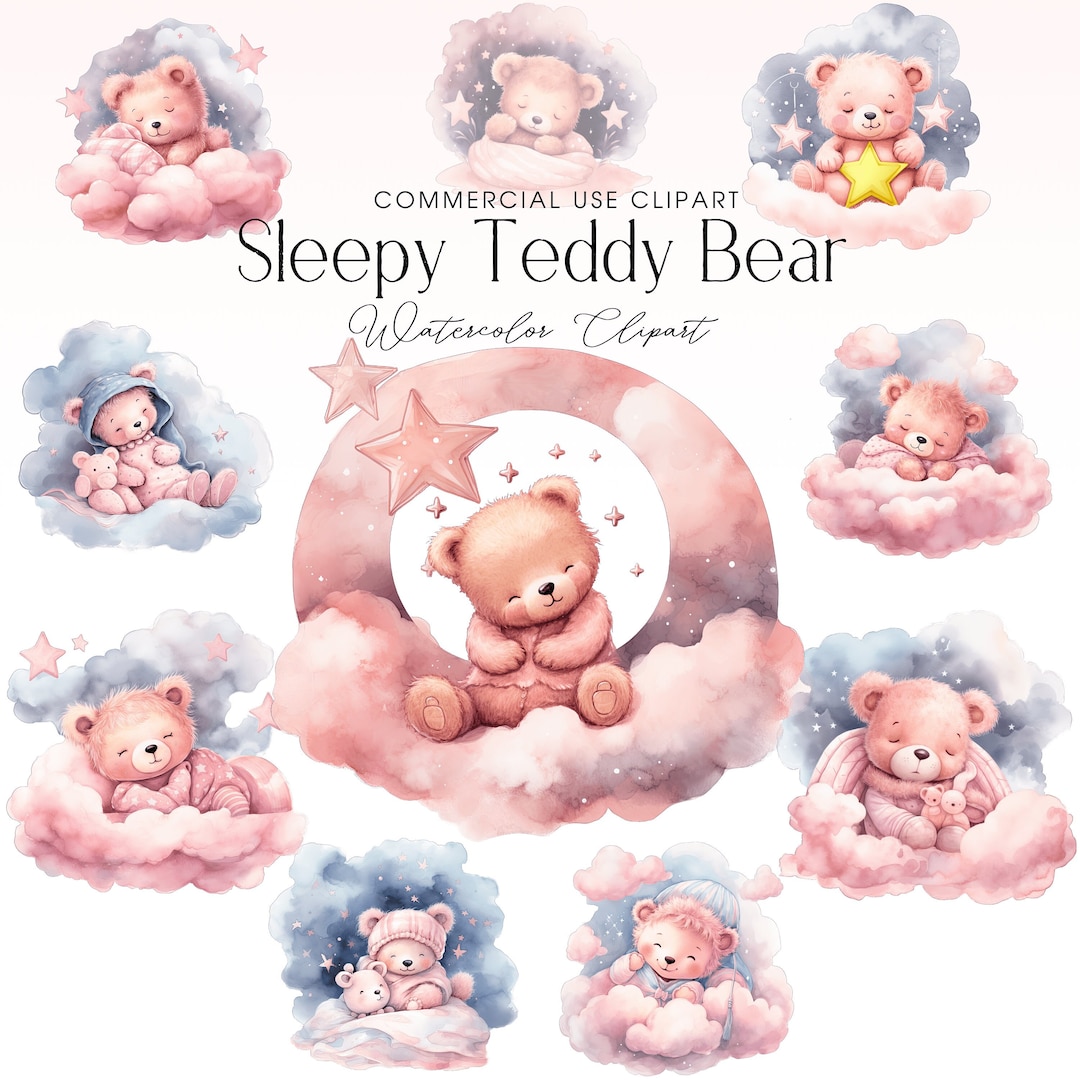 Watercolor Teddy Bear Bundle, Pink Teddy Bear Clipart, Sleepy Teddy ...