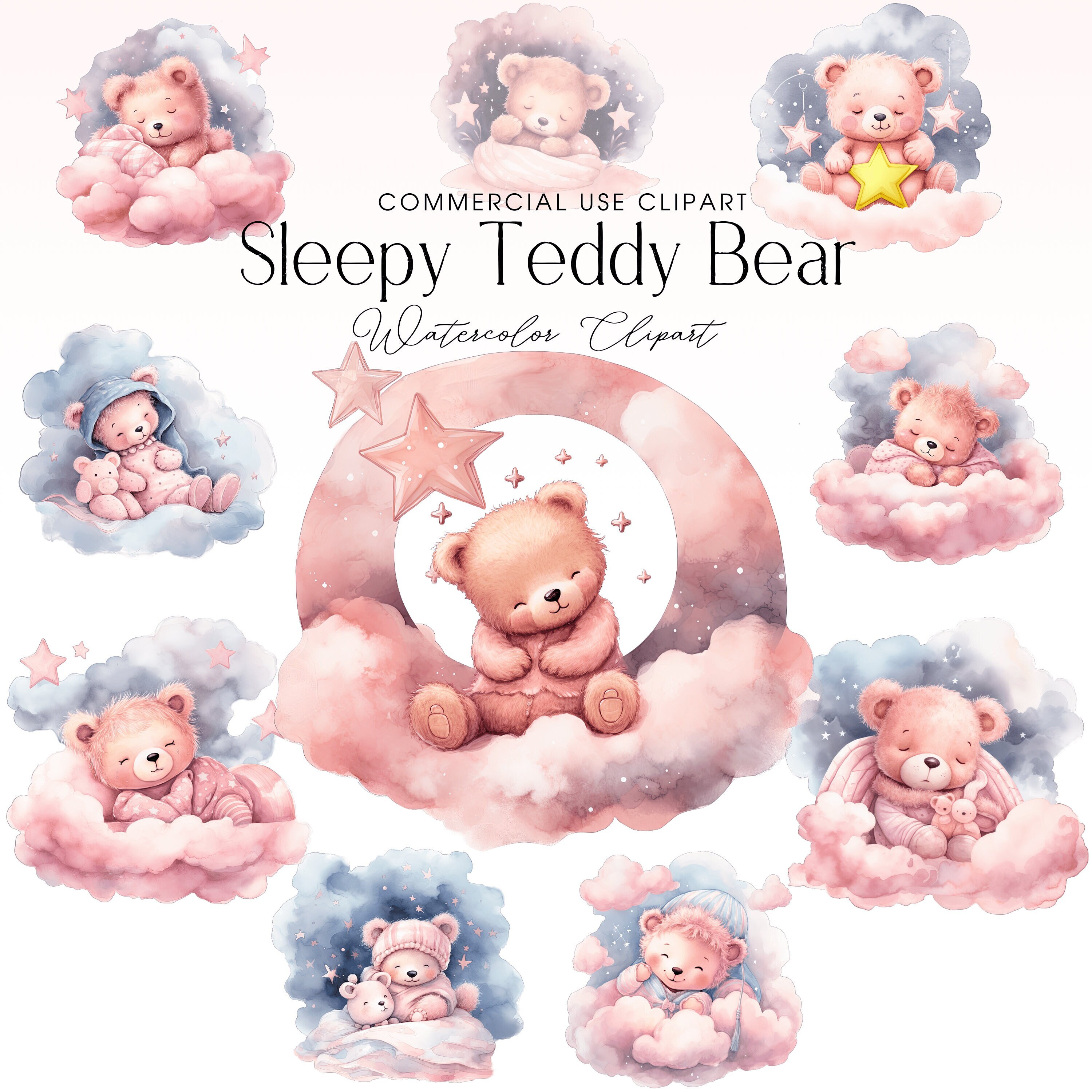 Watercolor Teddy Bear Bundle, Pink Teddy Bear Clipart, Sleepy Teddy ...