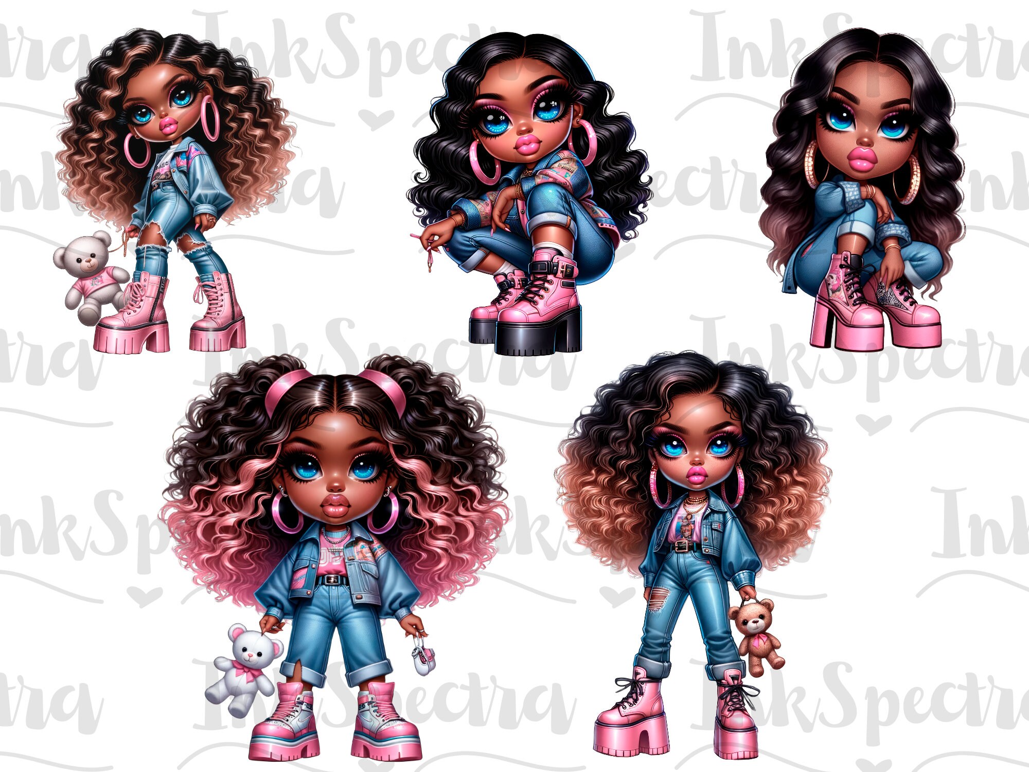 Chibi Art Bundle Clipart Png-black Girl, Fashionista Afro Girl, Cute ...