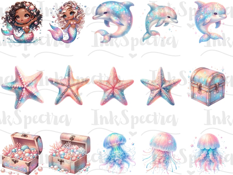 Pastel Mermaid Clipart Bundle, Mermaid Clipart, Watercolor Mermaid PNG, Sea Animals Mermaids PNG ...