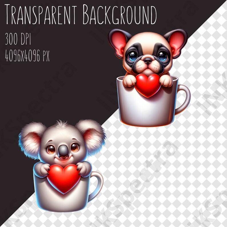 Valentines Animals in a Cup Collection Clipart, 20 PNG Valentines Day ...