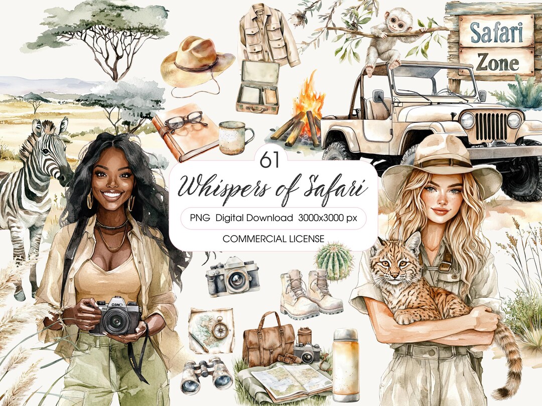 Watercolor Safari Clipart Bundle, Black Woman Clipart, Travel Clipart ...