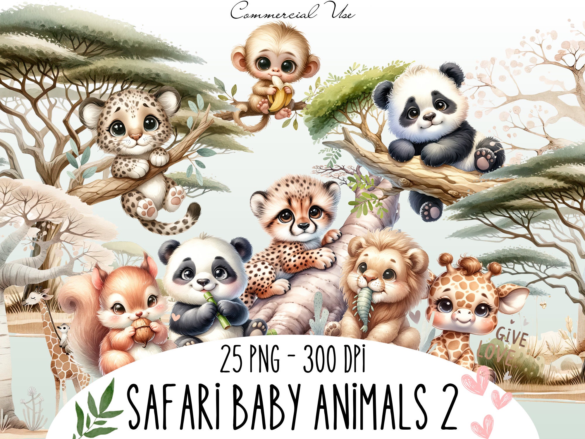Safari Baby Animal PNG, Cute Jungle Animals Clipart, Watercolor Animal ...
