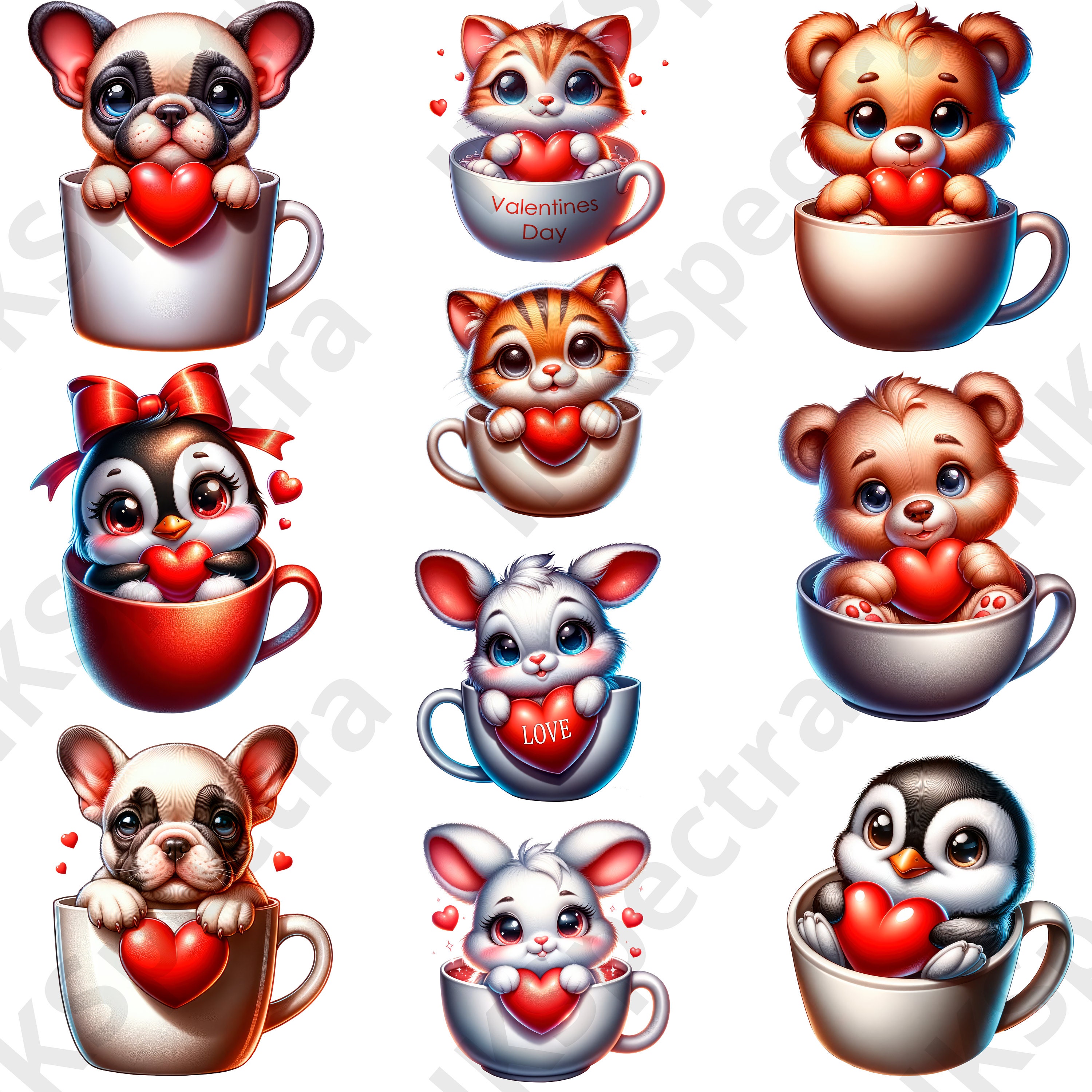 Valentines Animals in a Cup Collection Clipart, 20 PNG Valentines Day ...