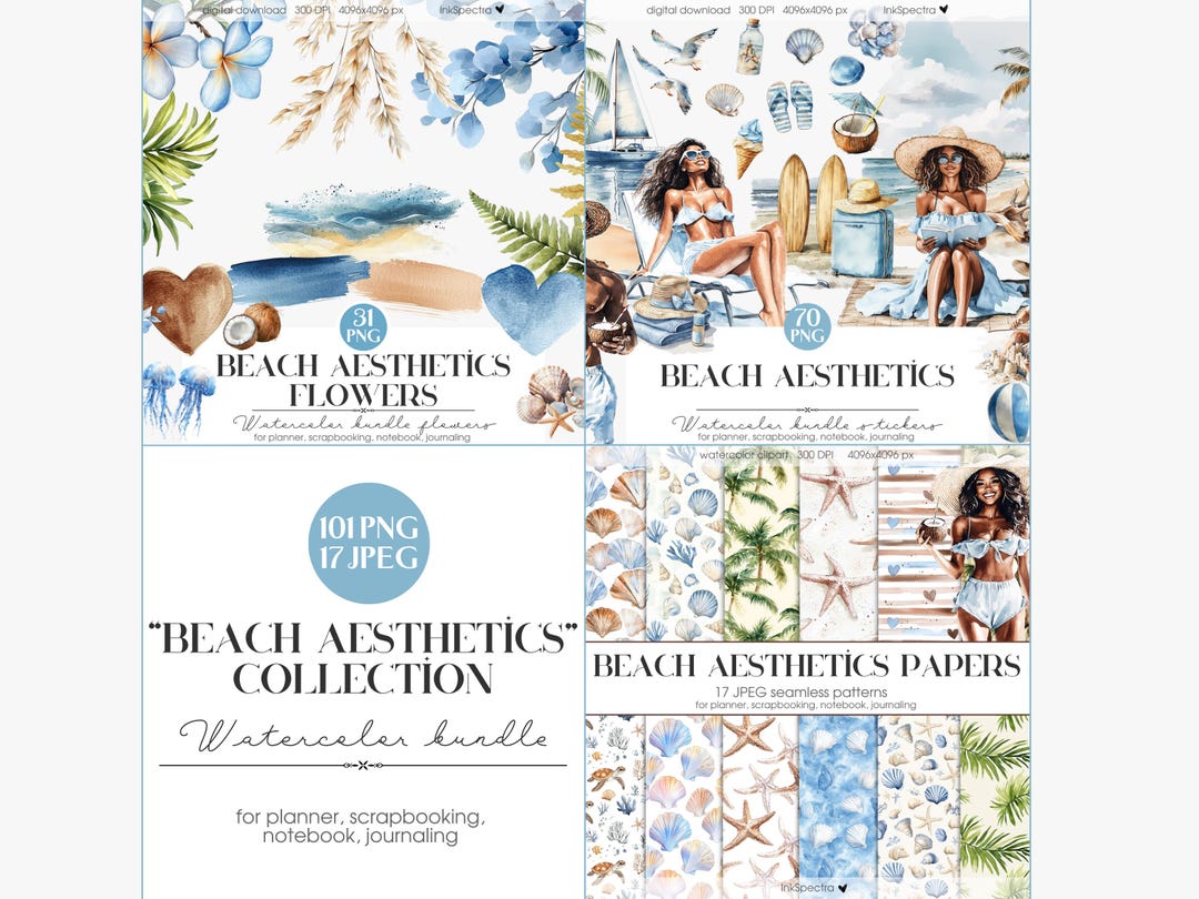 Watercolor Beach Aesthetics Clipart Bundle, Beach Plants PNG, Summer ...
