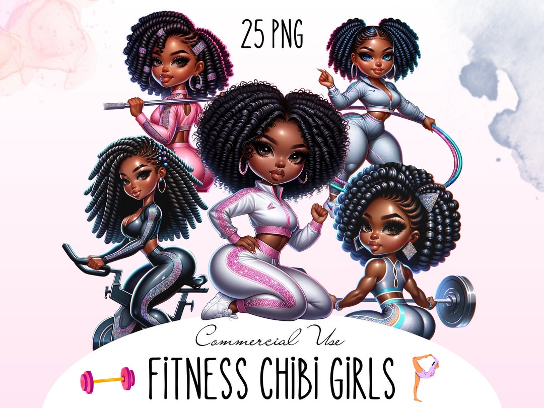 Fitness Chibi Girls Clipart, Gym Girls PNG, Planner Girl Clipart, Black ...