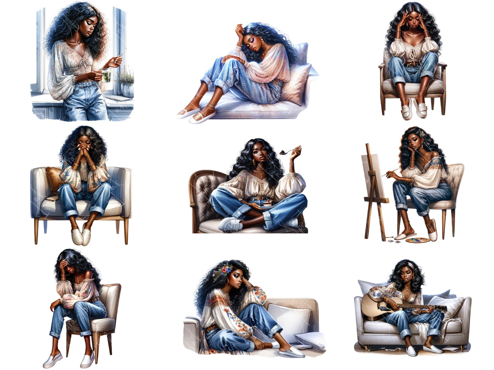 Sad Black Girl Boho Bundle, Sad Girl Digital Art, Black Girl Crying ...