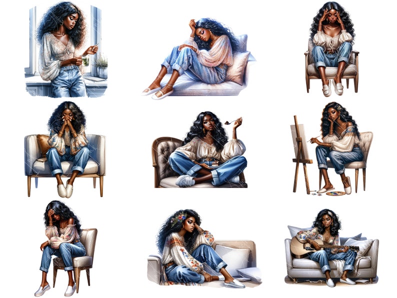 Sad Black Girl Boho Bundle, Sad Girl Digital Art, Black Girl Crying ...